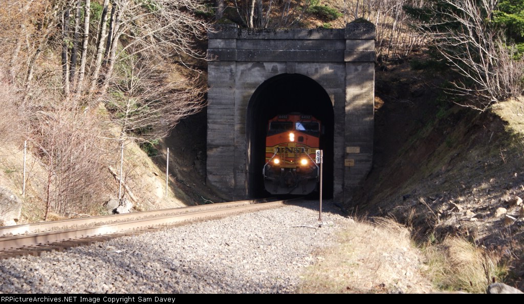 BNSF 4492 at the best milepost on the railroad.